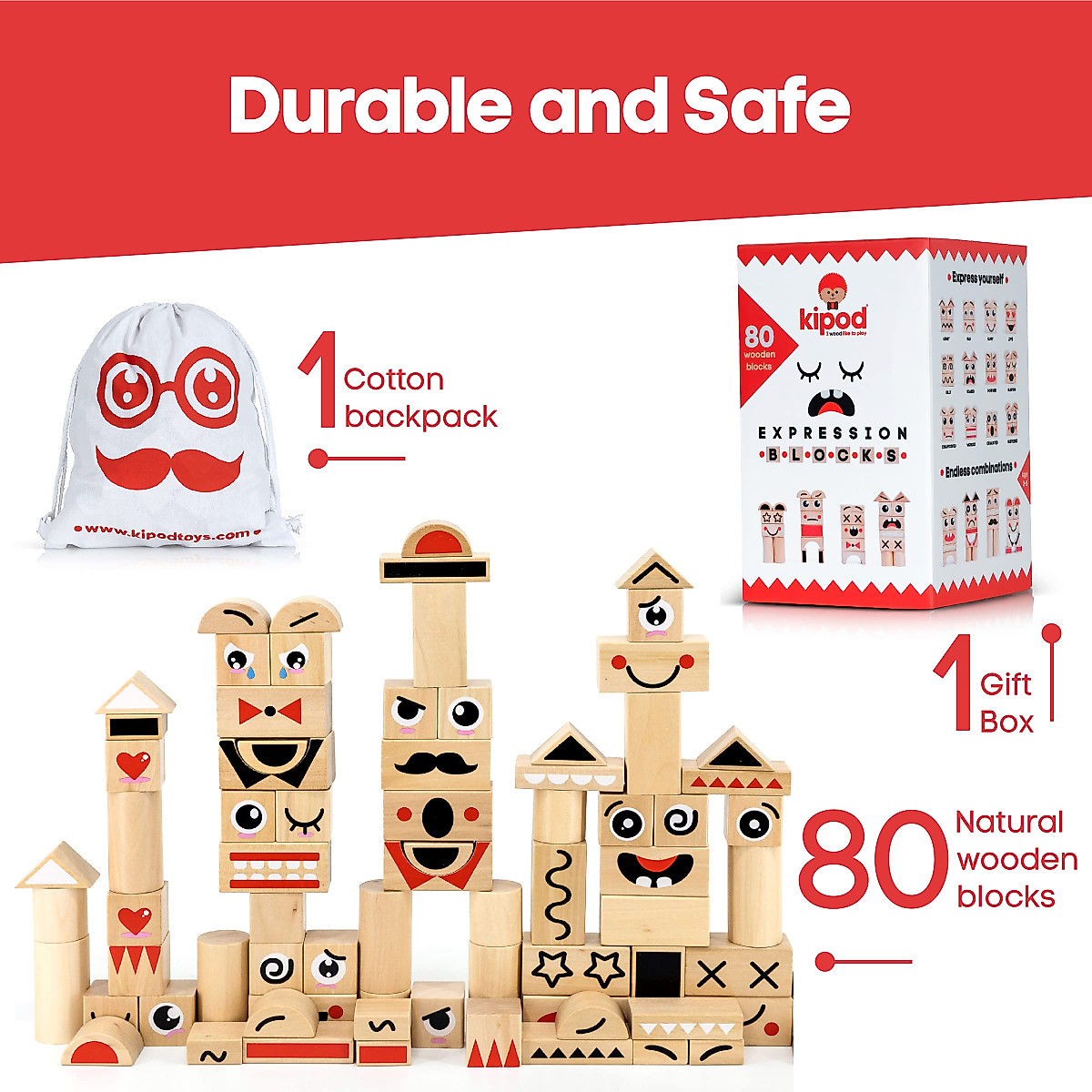 kipod Wooden Building Blocks Set for Kids (80Pcs) – Preschool Blocks Stacking Game – Construction and Matching for Emotional Development and Fine Motor Skills - Montessori Toy 2-8 Years