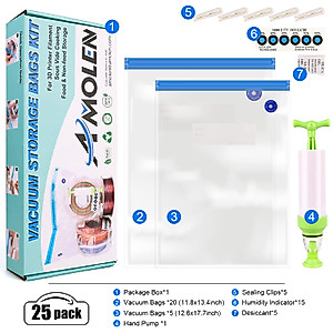 AMOLEN Filament Storage Bag Vacuum Kit with Two Sizes - 51 PCS Cleaning Drying Sealed 25 Bags for 3D Printer Filament with Desiccants/Humidity Indicator Cards/Clips/Hand Pump