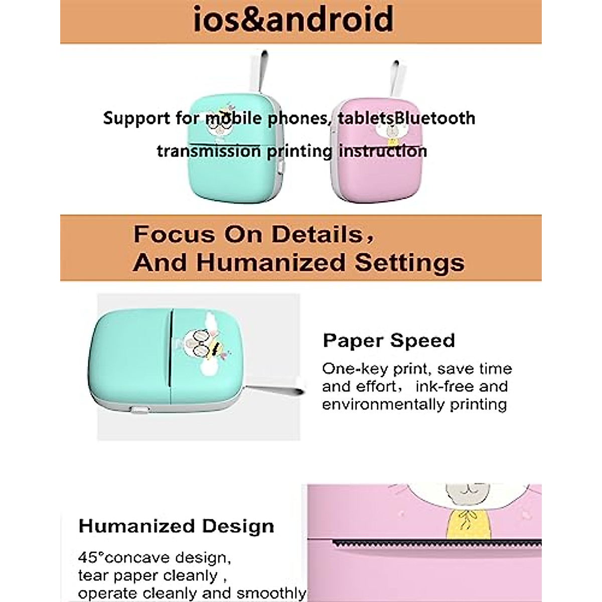 Mini Printer Portable, Pocket Thermal Printer with 5 Rolls Paper Compatible with iOS Android, Bluetooth Wireless Smart Printer for Learning Assistance, Study Notes, Work, Fun, Label List Note