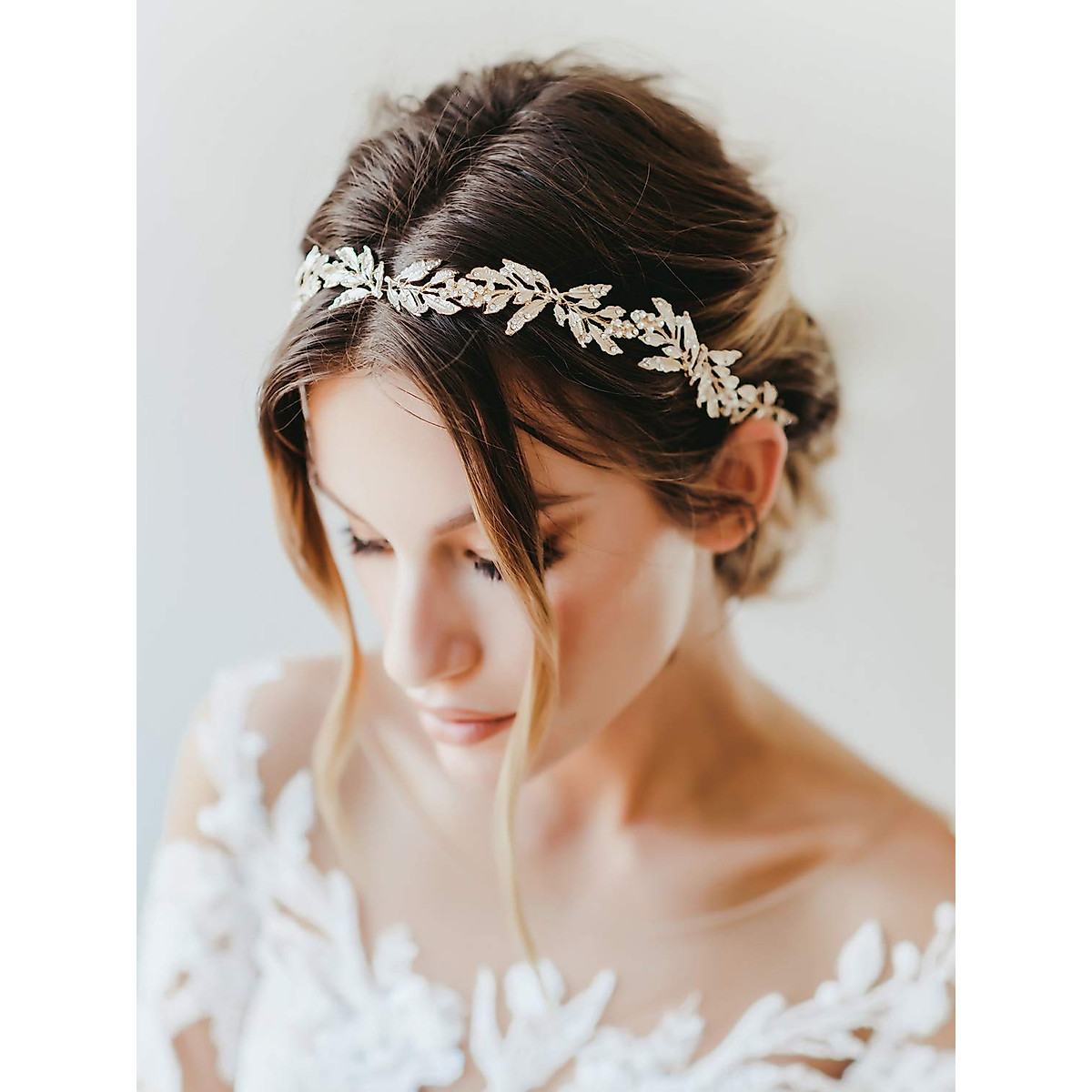 SWEETV Leaf Wedding Headpieces for Bride Flower Girl Gold Bridal Headband with Rhinestones Women Handmade Hair Accessories