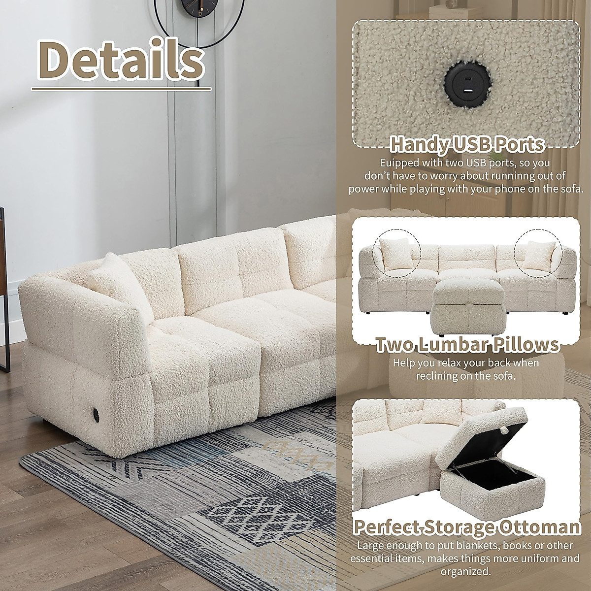 LUMISOL Large Sectional Sofa with Movable Storage Ottoman and 2 USB Ports, Teddy Fleece Fabric Sectional Sofa Couch with Lumbar Pillows, L-Shaped Sofa Couch for Living Room Apartments, Creamy White