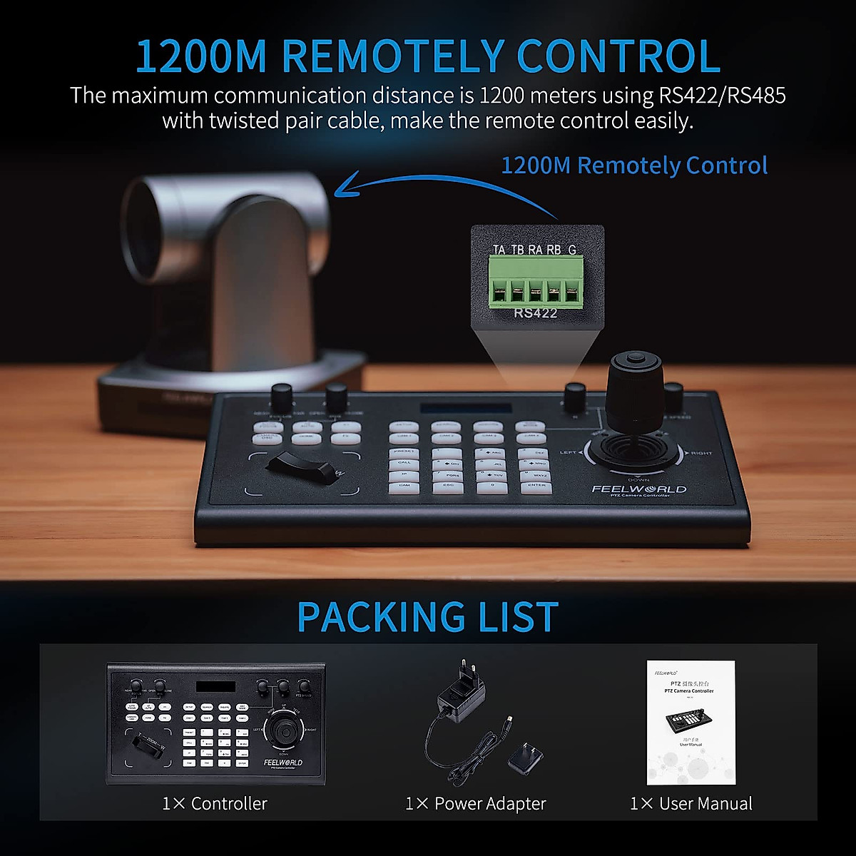 FEELWORLD KBC10 PTZ Camera Controller with Joystick and Keyboard Control LCD Screen PoE Supported for Live Streaming Church Conference