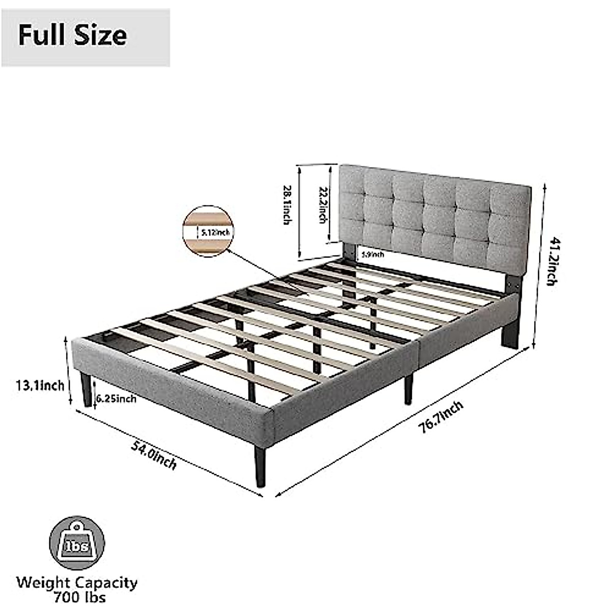 Lijimei Full Size Bed Frame with Headboard, Upholstered Bed Frame with Wood Slats Support and Platform Headboard, Mattress Foundation, No Box Spring Needed, Easy Assembly, Noise Free, Light Gray
