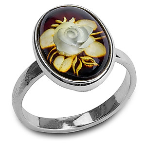 Amber Sterling Silver Cameo Rose Ring Size 6
