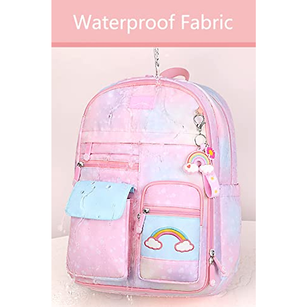 Lmeison Backpack for Girls School Backpacks for Girl Cute Bookbag Kawaii Kids School Bag Blue Rainbow Back Pack for Elementary School Middle School Teen Backpacks Casual Daypack for Travel