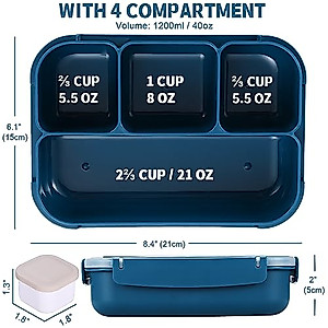 Bento Box Adult Lunch Box, Lunch Containers for Kids Girls Boys with 4 Compartments, Lunchable Food Container with Utensils, Sauce Jar, Muffin Liners, 40 Oz/5 Cup, Microwave & Dishwasher Safe, Blue