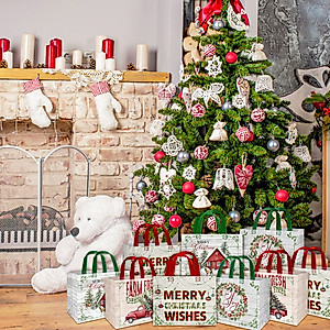 Whaline 16 Pack Christmas Non-Woven Bags Rustic Wood Grain Truck Tree Pattern Reusable Tote Gift Bag Merry Christmas Shopping Totes with Handles for Xmas Holiday Party Favor Supplies, 4 Designs