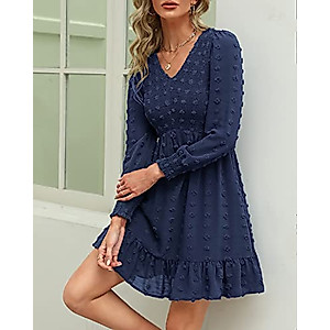 Maggeer Spring Summer Long Sleeve Dress for Women 2024 A Line Swiss Dot Cowgirl Ladies Church Smocked Mini Babydoll Causal Dresses Navy L