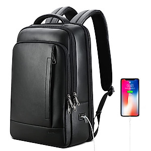 BOPAI Genuine Leather Backpack for Men Multi-Function Backpack 15.6 inch Business Laptop Backpack Travel Smart Rucksack with USB Charging Anti Theft Backpack Office Black