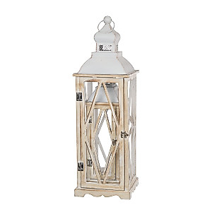 Glitzhome Farmhouse Wood Metal Lanterns Decorative Hanging Candle Lanterns White Set of 2 (No Glass)