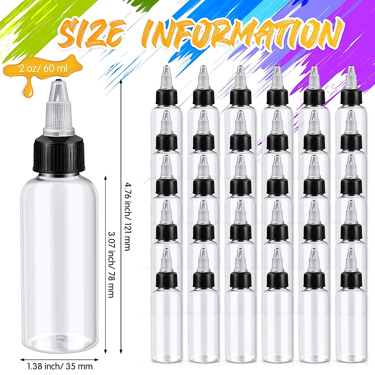 Gandeer 96 Pieces 2 oz Clear Dispensing Bottles Plastic Bottles with Twist Caps Twist Top Bottles Boston Round Bottles for Liquids Oils Inks Crafts Condiments(2 oz, 4.76 x 1.38 Inch)