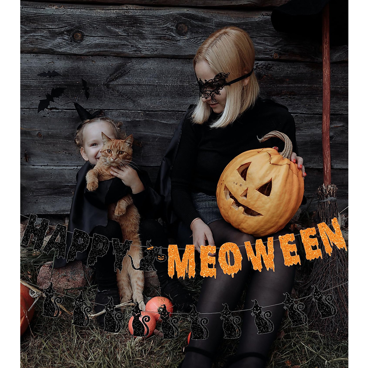 JKQ Black Orange Glittery Happy Meoween Banner with Spooky Black Cat Signs Halloween Witch Cats Banner Halloween Haunted House Party Fireplace Mantle Decorations Supplies