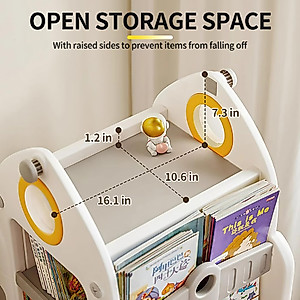 UNICOO Kids Rocket Toy & Bookshelf Storage Organizer, 3-Tier Plastic Rolling Cart, Side & Middle Shelves, Children's Bookshelf with Wheels for Playroom, Classroom, Nursery (White & Grey)