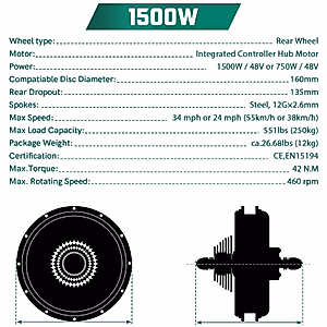Voilamart 26" Waterproof Ebike Conversion Kit 48V 1500W LCD Display E-Bike 135MM Rear Hub Motor Wheel Built-in Controller Electric Bike Conversion Kit 750W Restricted (135mm Dropout Rear Wheel Kit)