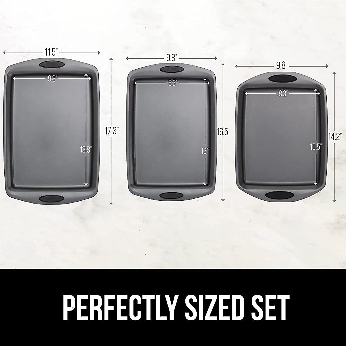 Gorilla Grip Non Stick Jelly Roll Baking Pans, Thick Warp Proof, 3 Piece, Durable Silicone Handles, Kitchen Oven Pan Bakeware Set, Cooking, Roasting Sets, Easy Clean, Set of 3, Black