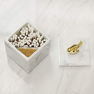 SELLONWANELO Cotton Ball Swab Holder Organizer with Lid Bathroom White Marble Qtip Dispenser Container Makeup Pads Canister