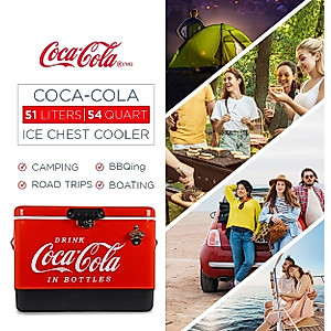 Coca-Cola Ice Chest Beverage Cooler with Bottle Opener, 51L (54 qt), 85 Can Capacity Portable Cooler, Red and Black, for Camping, Beach, RV, BBQs, Tailgating, Fishing