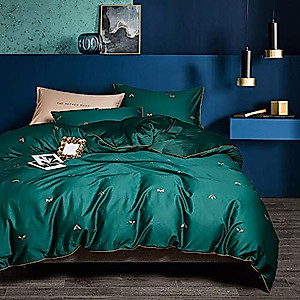 RoyalLinens 4 Piece Luxury Emerald Green Duvet Cover Set 100% Cotton 60S Sateen Bedding Sheets Percale Bedclothes with Bees Printed Bed Linen (Queen Size 4pcs)