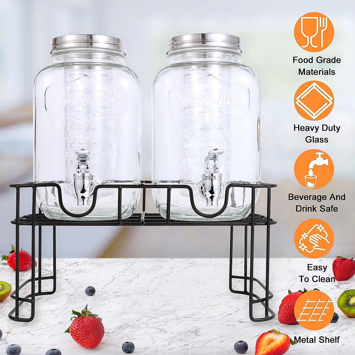 1 Gallon Glass Drink Dispensers For Parties-Set of 2,Drink Dispenser with Ice Core,Fruit Infuser & Stand,Juice or Beverage Dispenser for BBQ, Picnic, Party,Laundry Detergent Dispenser