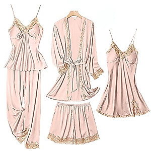 SAPJON Womens Pajama Sets 5PCS Silk Pajamas for women Cute Sleepwear Loungewear Satin Pajamas Sets for Women Soft Pink