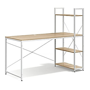 Ames 55" Reversible Gaming Computer Desk with Adjustable Shelves, Home Office Desk, Grommet Cable-Management, Leveler Feet, Easy Assembly, White/White Oak