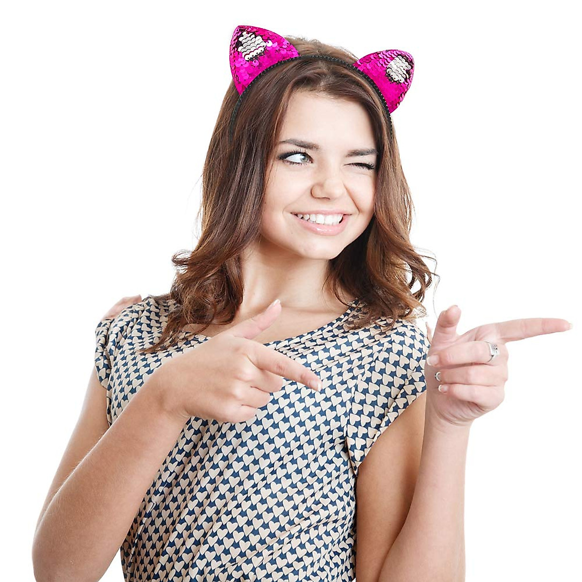 Beinou Reversible Sequin Cat Ears Headband - Shiny Bling Kitty Hairband with Ear Hair Hoops, Cute Hair Accessories for Girls Women, Suitable for Daily Wear and Party Decorations