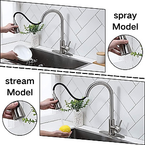 Comllen Single Handle Brushed Nickel Kitchen Faucet, High Arc Stainless Steel Kitchen Sink Faucet with Pull Down Sprayer, Modern Pull Out Faucet for Kitchen Sink with Deck Plate