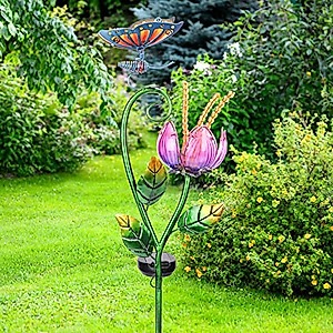 Glass Flower and Butterfly Solar Garden Stake Light Waterproof Solar Pathway Light Outdoor Garden Decor Light for Walkway Pathway Lawn Patio