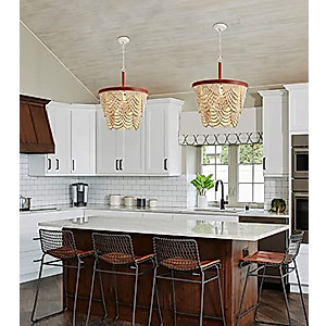 Q&S Boho Wood Beaded Chandelier,Large 5-Lights Farmhouse Coastal Bohemia Chandeliers for Dining Room Living Room Foyer Kitchen Island Restaurant UL Listed Assembly Complete W20