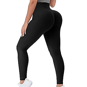 MOSHENGQI Womens High Waisted Seamless Ribbed Leggings Soft Slimming Yoga Pants(M,00-Black)