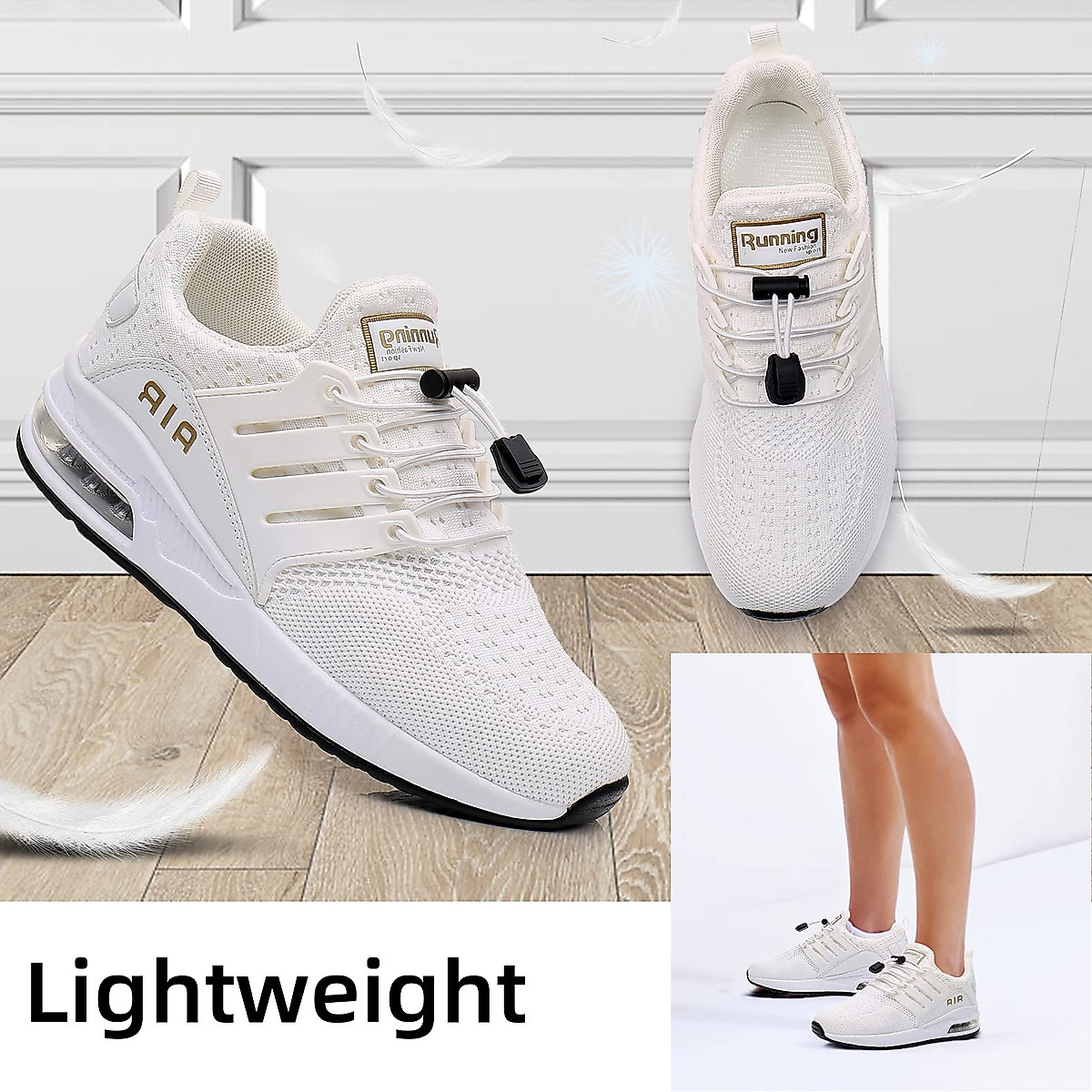 BOGOVER Womens Lightweight Air Running Shoes, Breathable Gym Jogging Running Tennis Sneakers with Air Cushion,No Tieg White 10