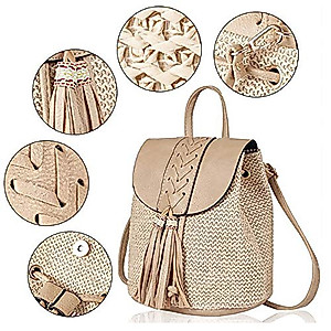 Aisi Women Girls Straw Woven Backpack Summer Beach Casual Daypack Tassel Traveling Purse One Size Khaki
