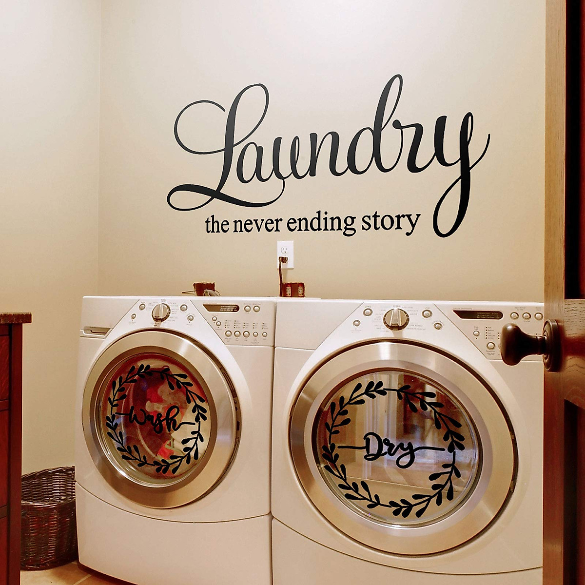 Laundry Room Vinyl Wall Decal Wash Dry Vinyl Laundry Stickers Laundry The Never Ending Story Decal Washer Stickers Quote Wall Art Stickers for Home Apartment Washing Machine (Black Printing)