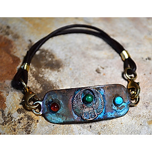 Elaine Coyne Collectible Artwear Verdigris Patina Brass Egyptian Scarab Rockband Bracelet - Carnelian, Malachite, Turquoise