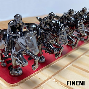 FINENI Horse Racing Board Game with Luxurious Durable Metal Horses, 11 Pieces, Black, Real Pine Wood Horseracing Game Board, Dice and Cards