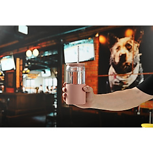 Sunseeke Glass Tumbler with Straw and Lid, 16oz Ice Coffee Cup, Silicone Sleeve Cleaning Brushes, Drinking Glasses for Water, Iced Coffee, Smoothie -BPA Free -3 Pack