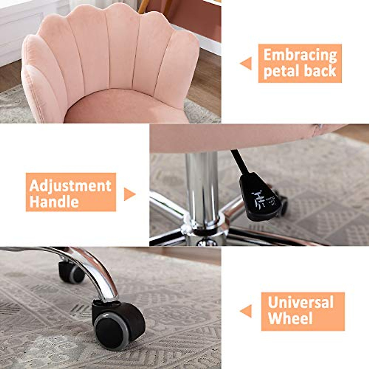 Henf Home Office Chair, Modern Velvet Upholstered Swivel Desk Chair Metal Base, Leisure Office Chair Adjustable Cute Vanity Chair for Home Living Room Bedroom, Pink