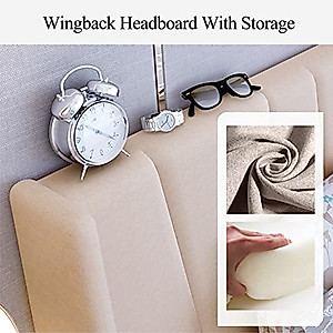 Benevika King Size Platform Bed Frame with Geometric Wingback Headboard, Wooden Slats Support, No Box Spring Needed, Easy Assembly, Gray