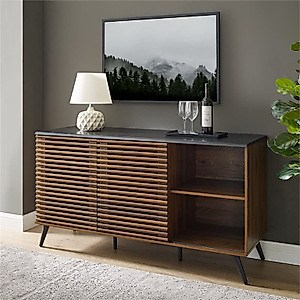 Walker Edison Modern 4 Drawer Sliding Door Wood Cabinet Buffet Entryway Serving Storage Cabinet Doors Dining Room Console, 59 Inch, Black and Dark Walnut