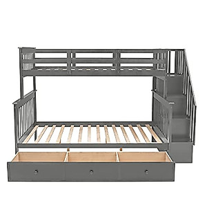 Harper & Bright Designs Twin Over Full Bunk Bed with Storage Drawer, Wood Bunk Beds with Stairway, Storage Shelf and Full-Length Guard Rail, Kids bunk Bed Twin Over Full, No Box Spring Needed (Gray)