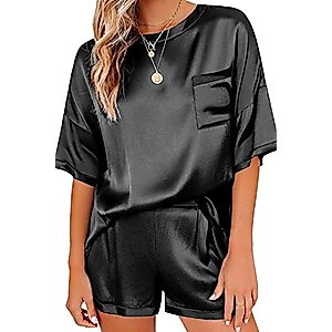 Ekouaer Womens, Two Piece Silk Satin Pajamas Set, Crewneck Short Sleeve Tops and Shorts, Sleepwear, A-black, X-Large