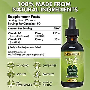 Go Nutrients Liquid Vitamin D3 with K2 (MK-7) Drops 1oz & Selenium 200 mcg Supplement 1.0 oz| | Vitamin D3 and K2 | Supplements with Mineral Selenium Liquid and Purified Water