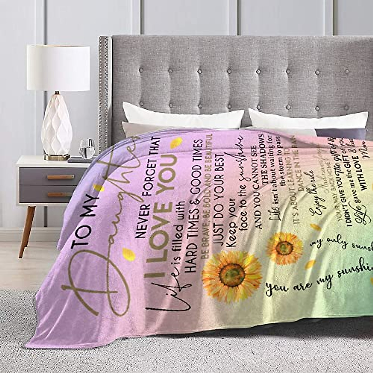 Sunflower Blanket to My Daughter from Mom Super Soft Warm Fuzzy Letter Printed Fleece Throw Blankets for Bed Couch Office Travel Daughter Gifts for Birthday Holiday Christmas 60"x50"