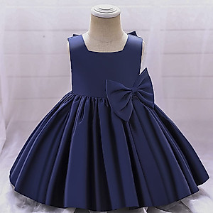 Mubineo Infant Baby Girl Satin Formal Dress Bowknot Princess Birthday Pageant Dress (Navy, 12-18 Months)