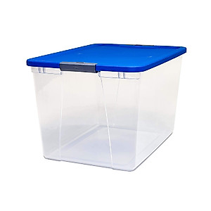 HOMZ X Large 64 Quart Clear Plastic Storage Container with Lid, Snaplock Blue Lid and Grey Latches, 3 Pack
