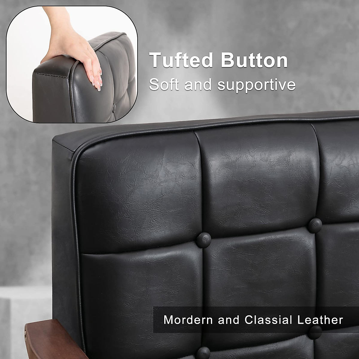 Okeysen Accent Chairs Set of 2, Mid Century Modern Accent Chair, Retro Wood and Leather Armchairs Side Chair, Lounge Reading Comfy Arm Chair for Living Room, Bedroom, Office(Matte Black)