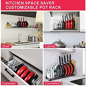 Expandable Pots and Pans Organizers Rack，Pot Cover Rack Grill Pan Rack Sticky Board For Cabinets，Pans Pot Lid Organizer Rack Holder with 7 Adjustable Compartments (7D-bronze)