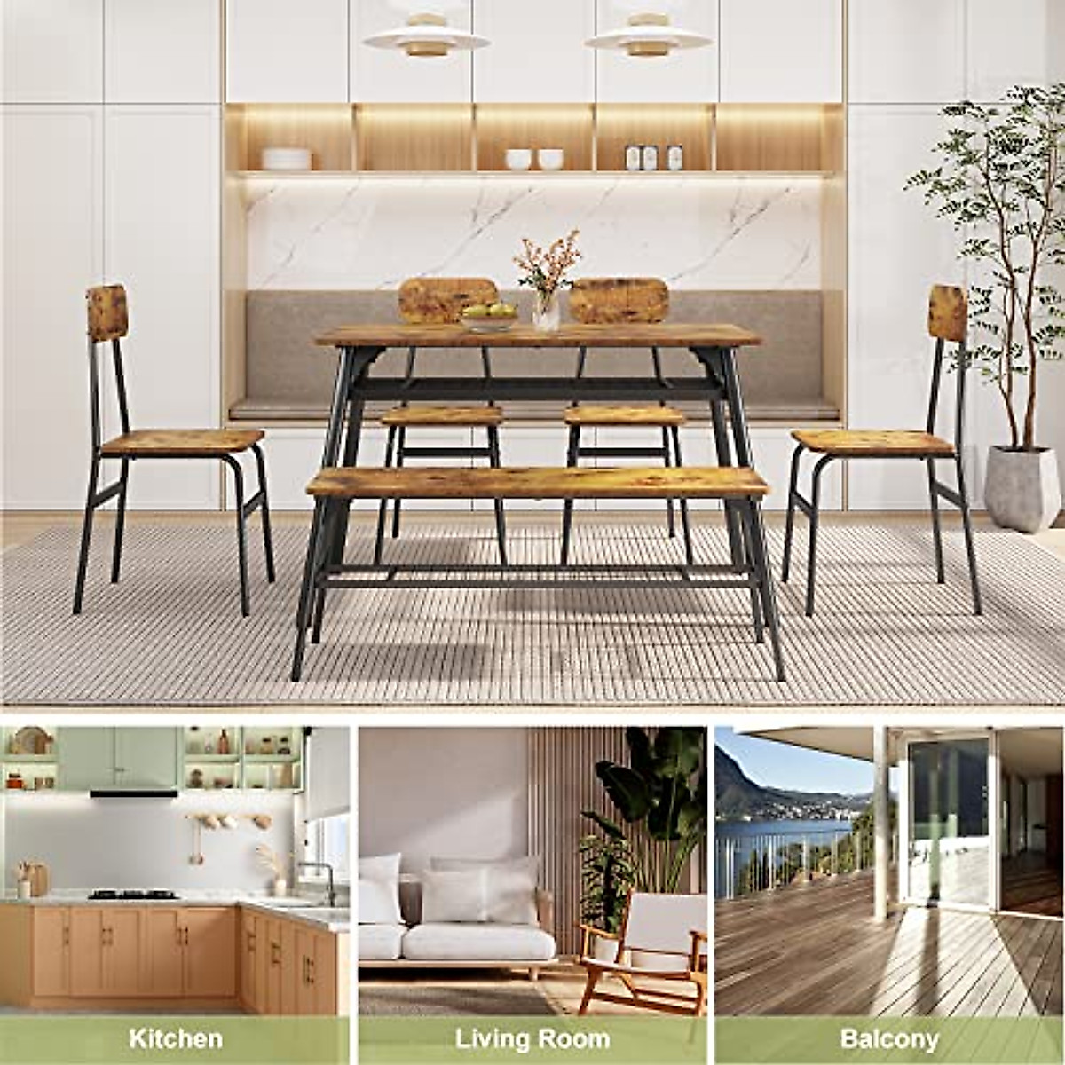 Gizoon 6-Piece Dining Table Set for Home, Kitchen, Dining Room with Storage Racks, Rectangular Kitchen Table with Bench, 4 Chairs, Steel Frame, Brown