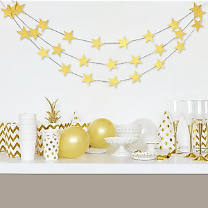 Gold Star Banner, 13Ft Glitter Paper Star Garland Hanging Stars Party Decorations for Birthday Easter Sunday Bridal Shower Baby Shower Wedding Decor