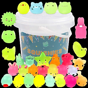 POKONBOY 23 Pack Squishies Mochi Squishy Toys Glow in The Dark Party Favors for Kids - Mini Kawaii Squishies Mochi Animals Stress Relief Squishy Pack Squishy Cat Squishys with Storage Box